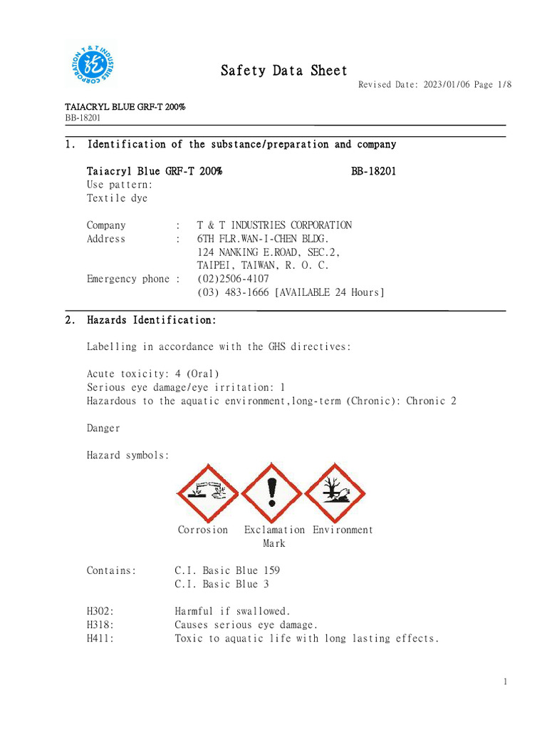 Taiacryl Blue GRF-T 200% SDS | PDF | Toxicity | Occupational Safety And ...