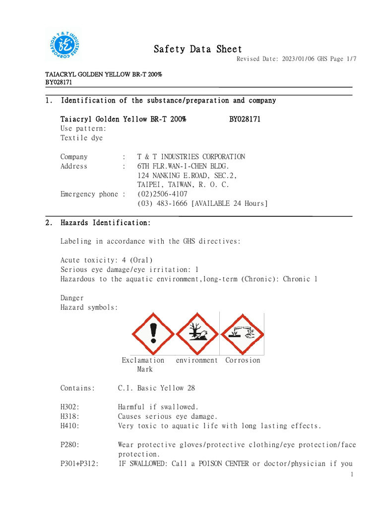 Taiacryl Golden Yellow BR-T Safety Data | PDF | Dangerous Goods | Toxicity
