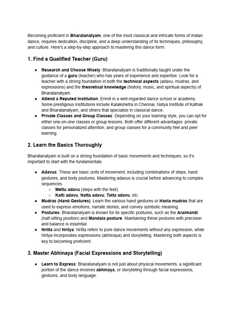 Mastering Bharatanatyam: A Step-by-Step Guide | PDF | Dances