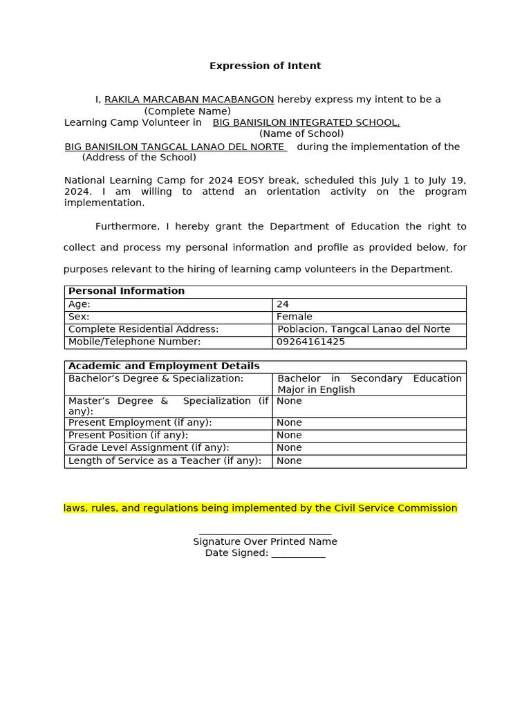 Expression of Intent Print | PDF