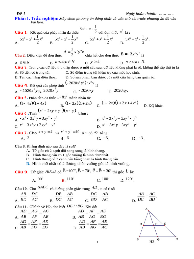 Đề cương toán 8 HKI | PDF