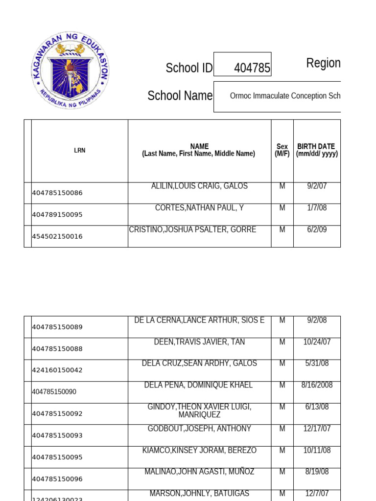 Ormoc School Student Register 2022-2023 | PDF