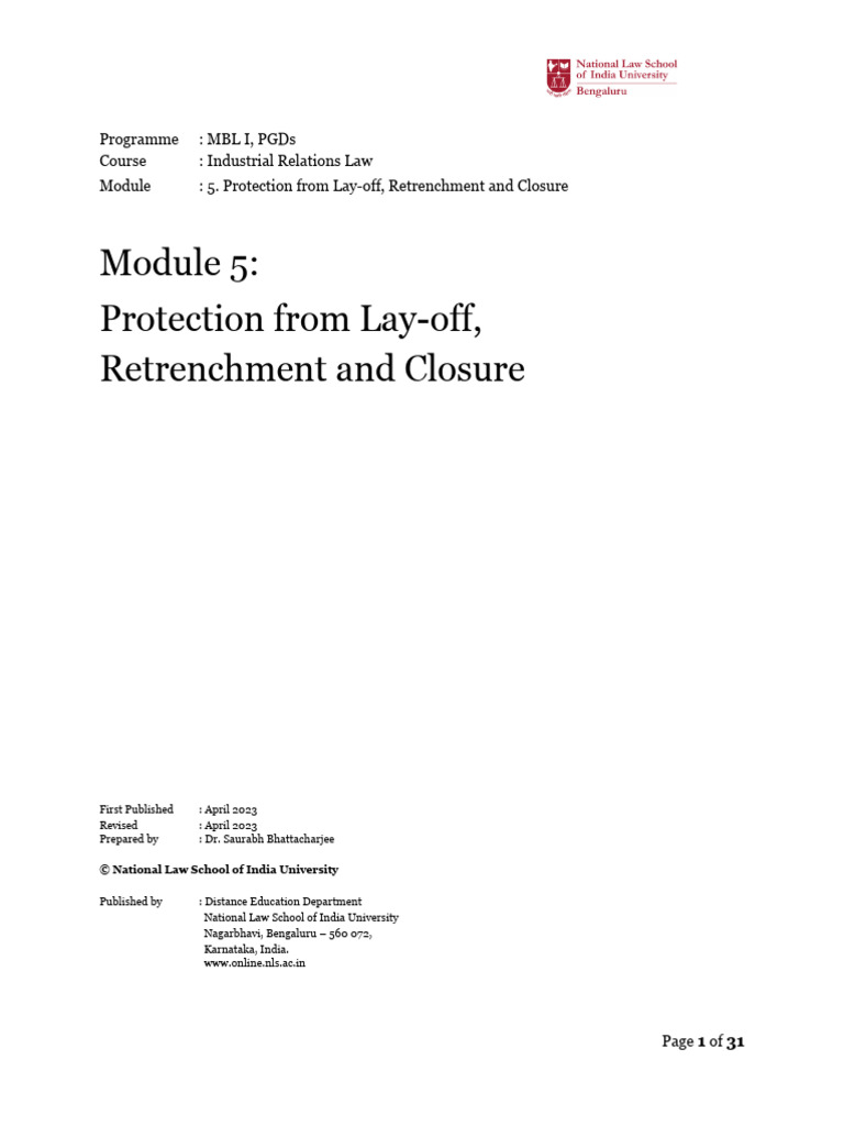 Module 5 - Protection From Lay-Off, Retrenchment and Closure | PDF | Employment | Lockout (Industry)