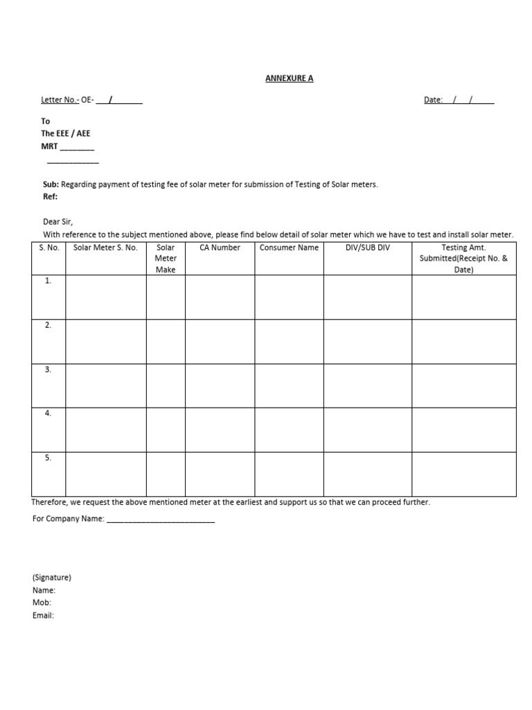 Solar Meter Testing Application Letter | PDF