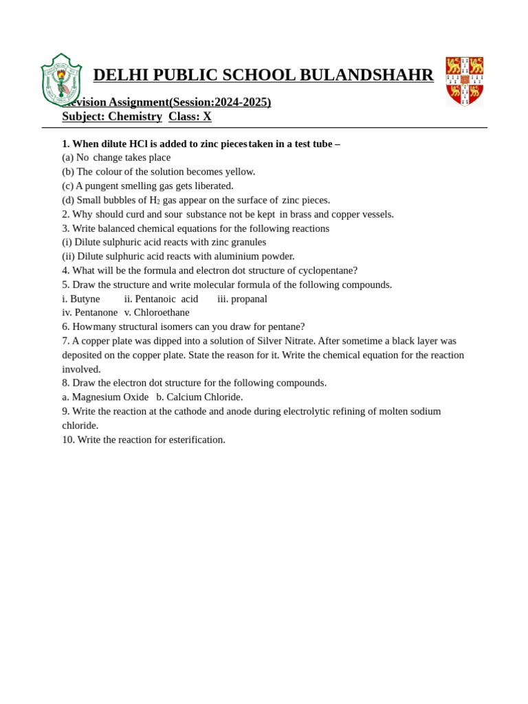 Revision Assignment Chemistry Class XTH | PDF