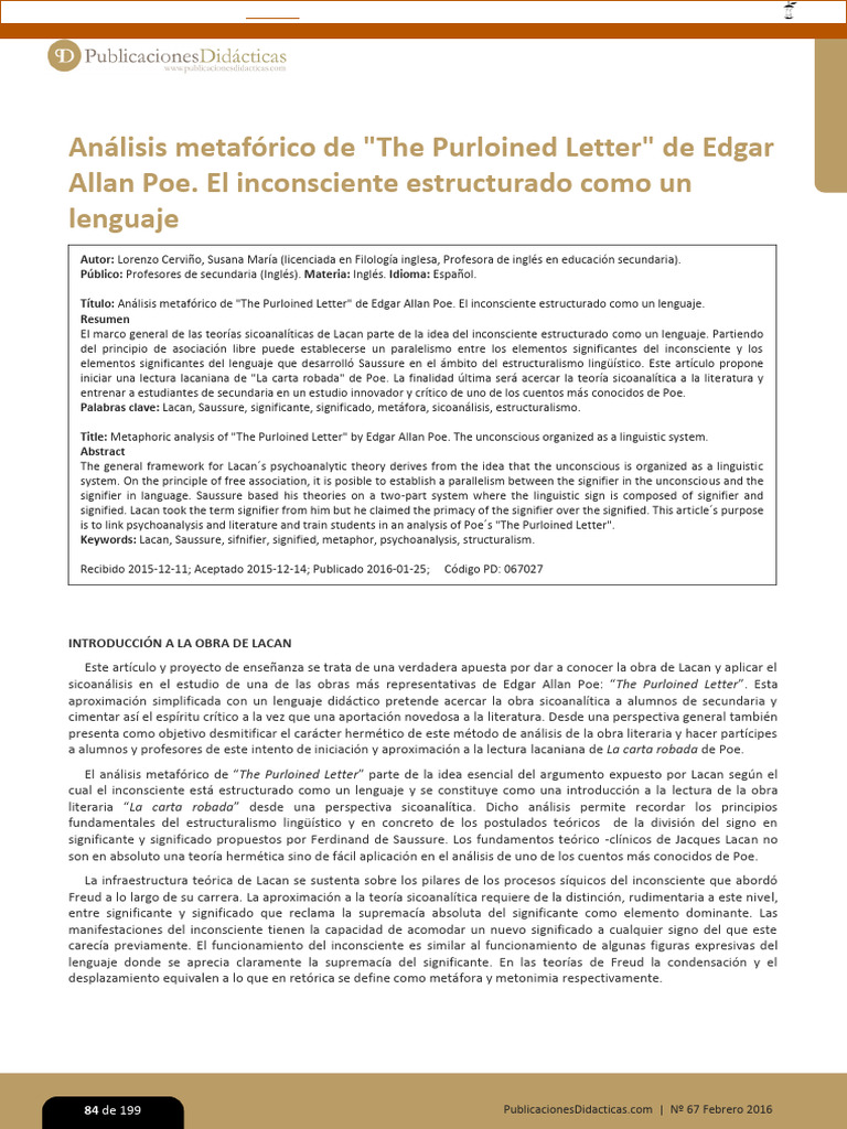 Analisis Metaforico-Carta Robada | PDF | Jacques Lacan | Metáfora