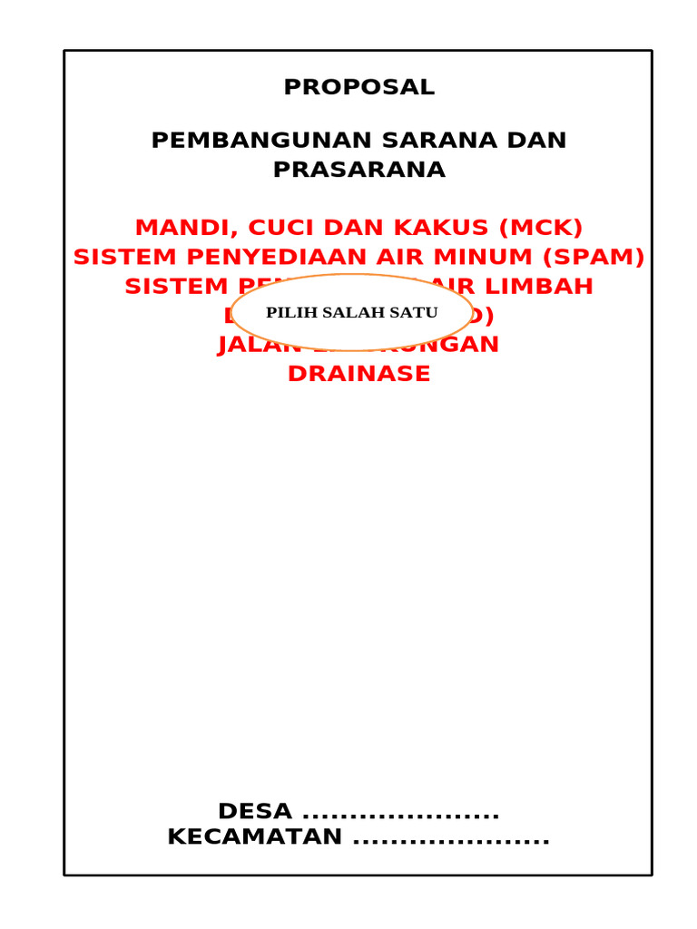 Contoh Proposal MCK, SPAL, SPAM, Jalan Lingkungan, Drainase Permukiman | PDF