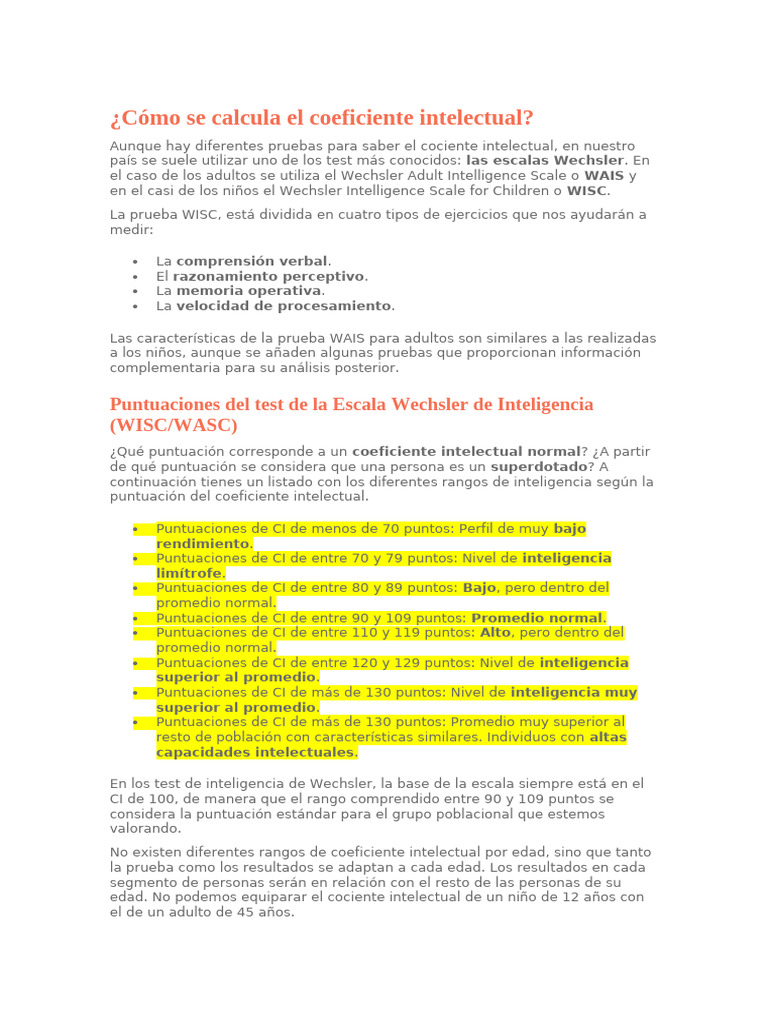 Ci y Wisc 4 Subtest Notas | PDF | Cociente de inteligencia | Escala de ...