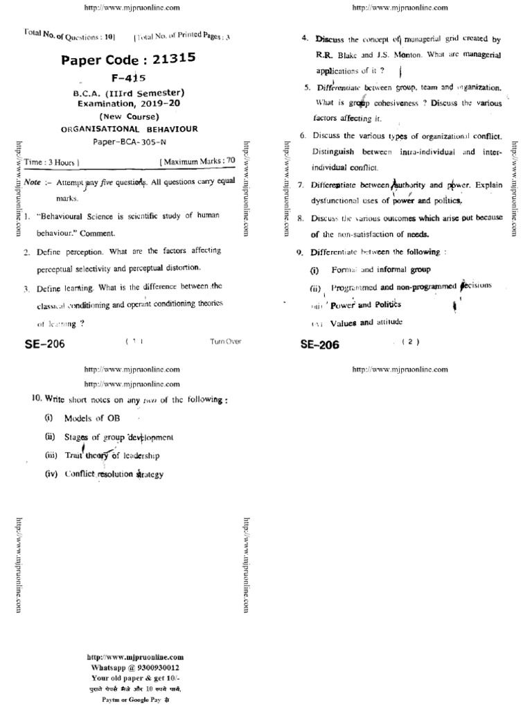 Bca 3 Sem Organisational Behaviour 21315 2020 | PDF