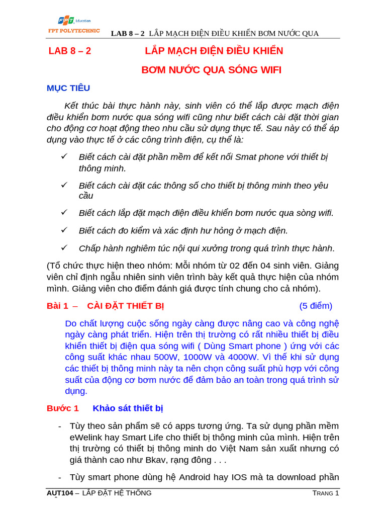 08 AUT104-Lab 8.2 LẮP MẠCH ĐIỆN ĐIỀU KHIỂN BƠM NƯỚC QUA WIFI | PDF