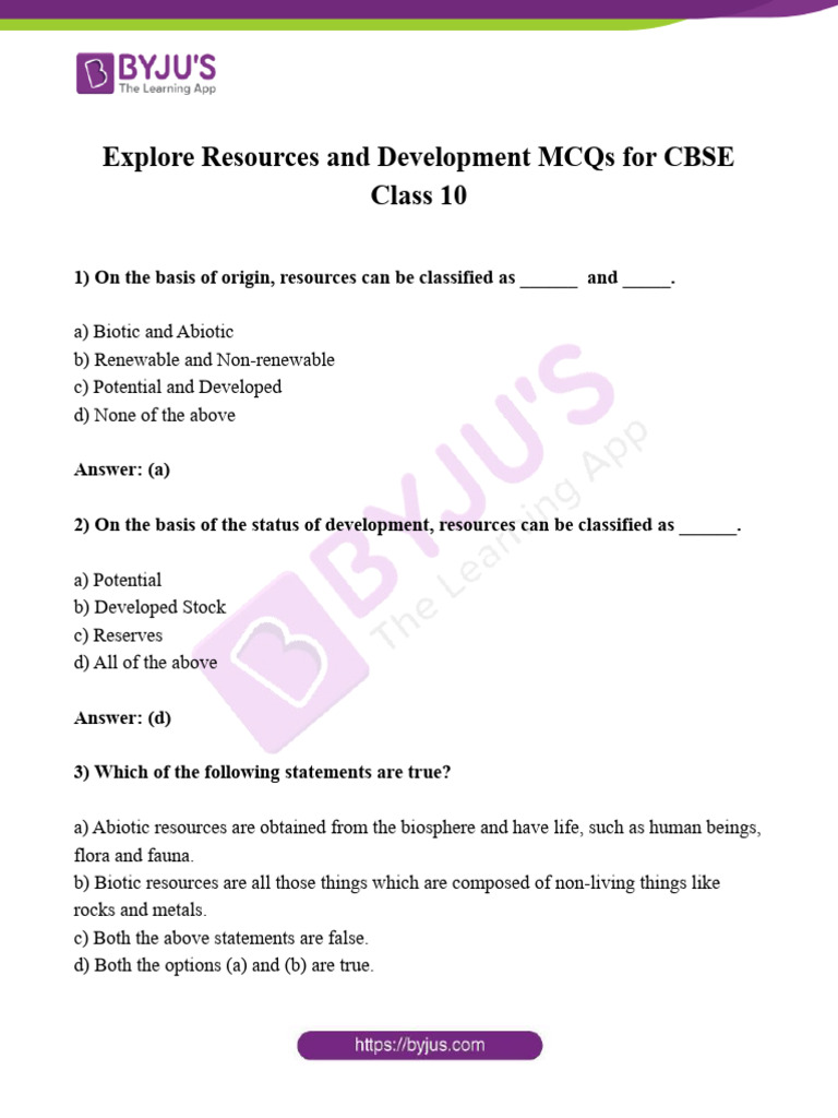 Class 10 Resource MCQs | PDF | Sustainable Development | Earth Sciences