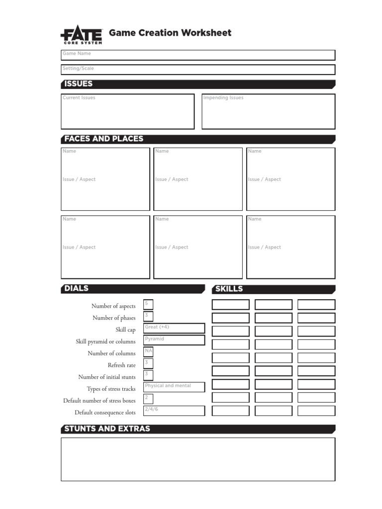 Fate Core - Game Creation Worksheet | PDF