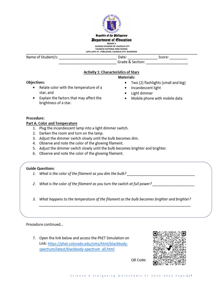 Science 9 Stargazing Worksheets | PDF | Incandescent Light Bulb | Sky