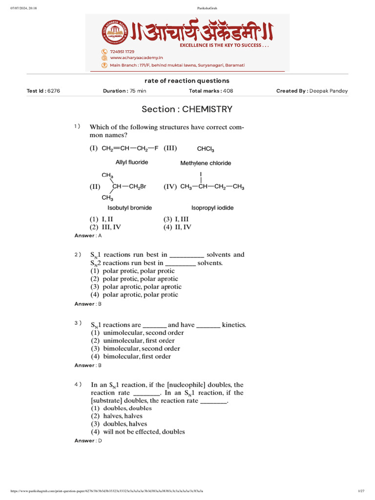 Chemistry Reaction Rate Answers | PDF | Chemistry