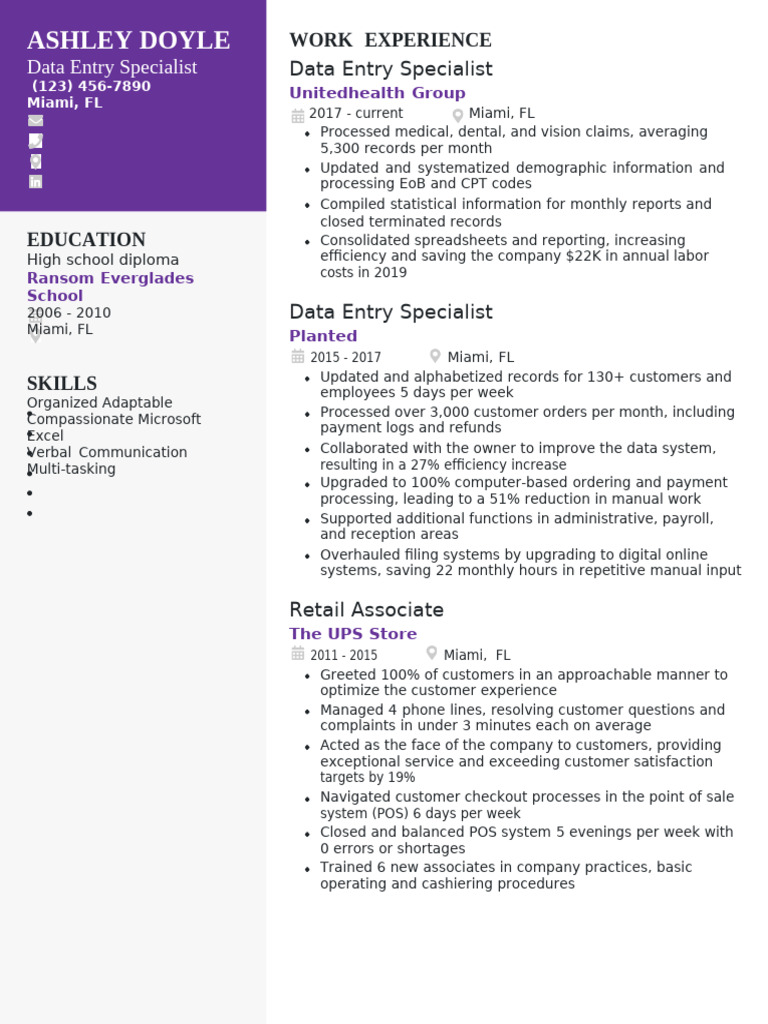Data Entry Specialist Resume - Miami | PDF | Point Of Sale ...