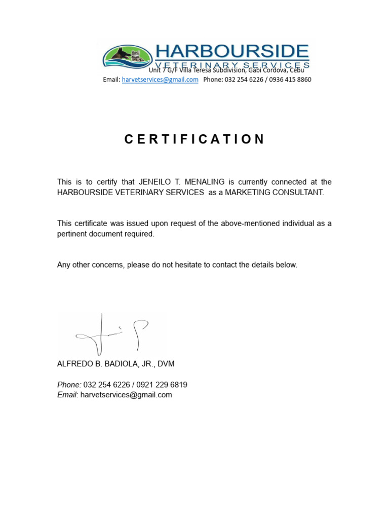 Veterinary Employment Certificate | PDF