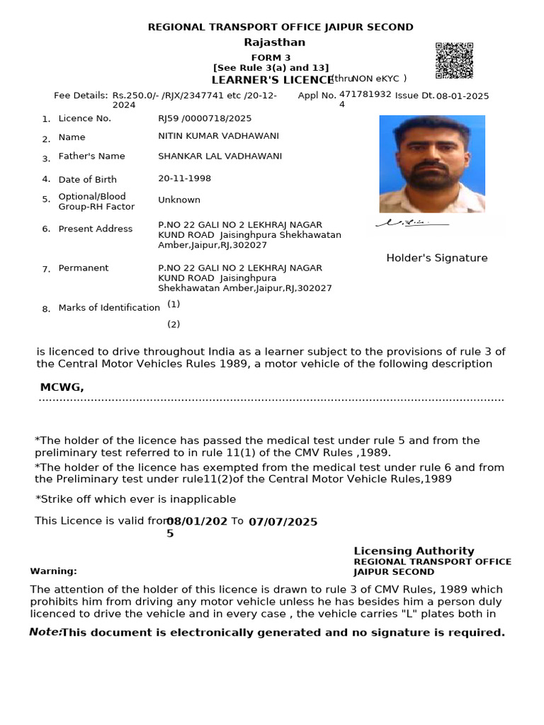 Rajasthan Learner's Licence Form 3 | PDF | Road Transport | Vehicles