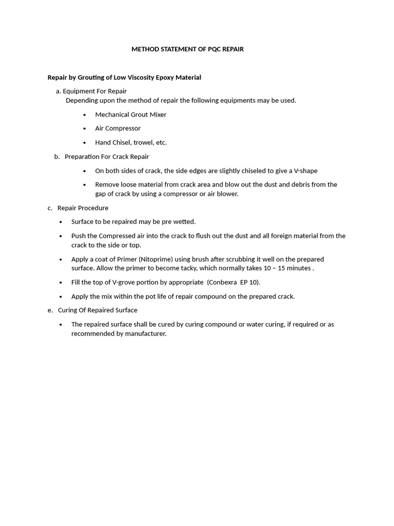 Method Statement of PQC Repair | PDF