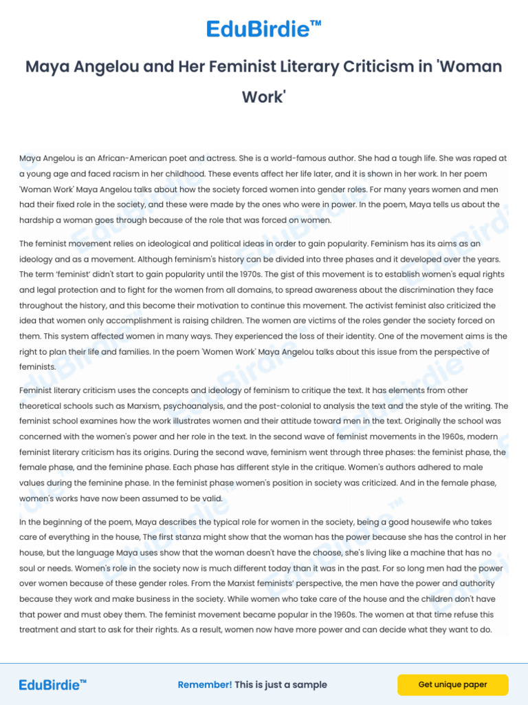 Maya Angelou and Her Feminist Literary Criticism in Woman Work | PDF ...