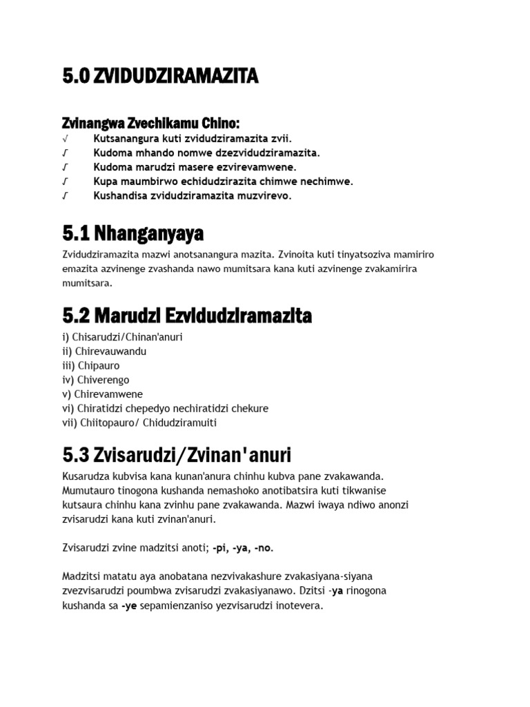 Zvidudziramazita (Kubva MuO Level Shona Mutauro. N. Mufutumari) | PDF