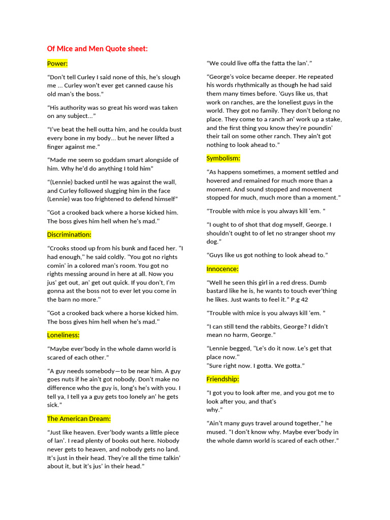 Of Mice and Men Quote Analysis | PDF