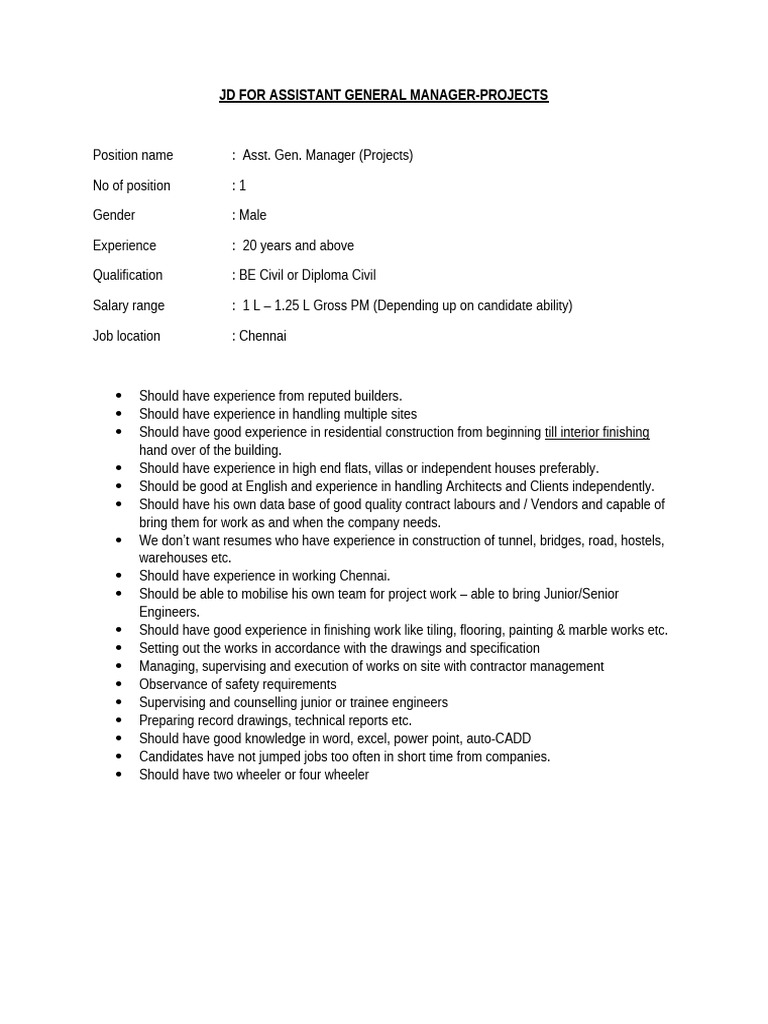Assistant General Manager - Projects JD | PDF