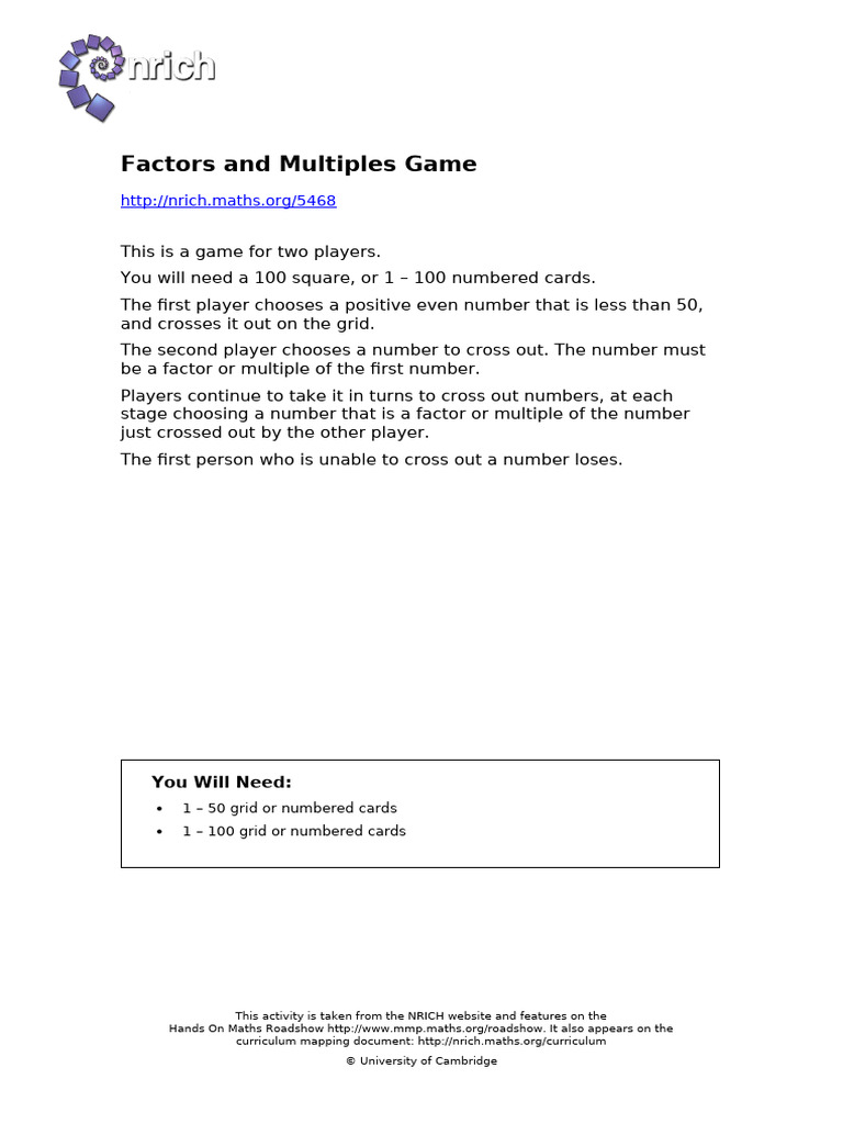 Factors and Multiples Game | PDF | Numbers | Curriculum