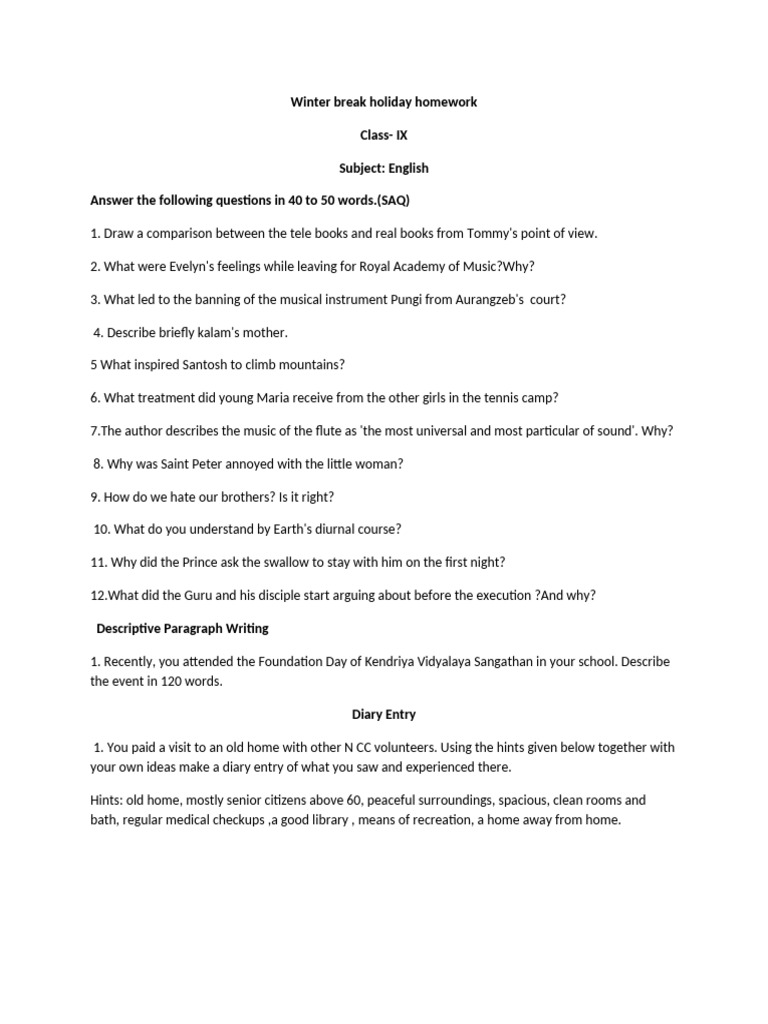 Winter Holiday Homework 9th | PDF