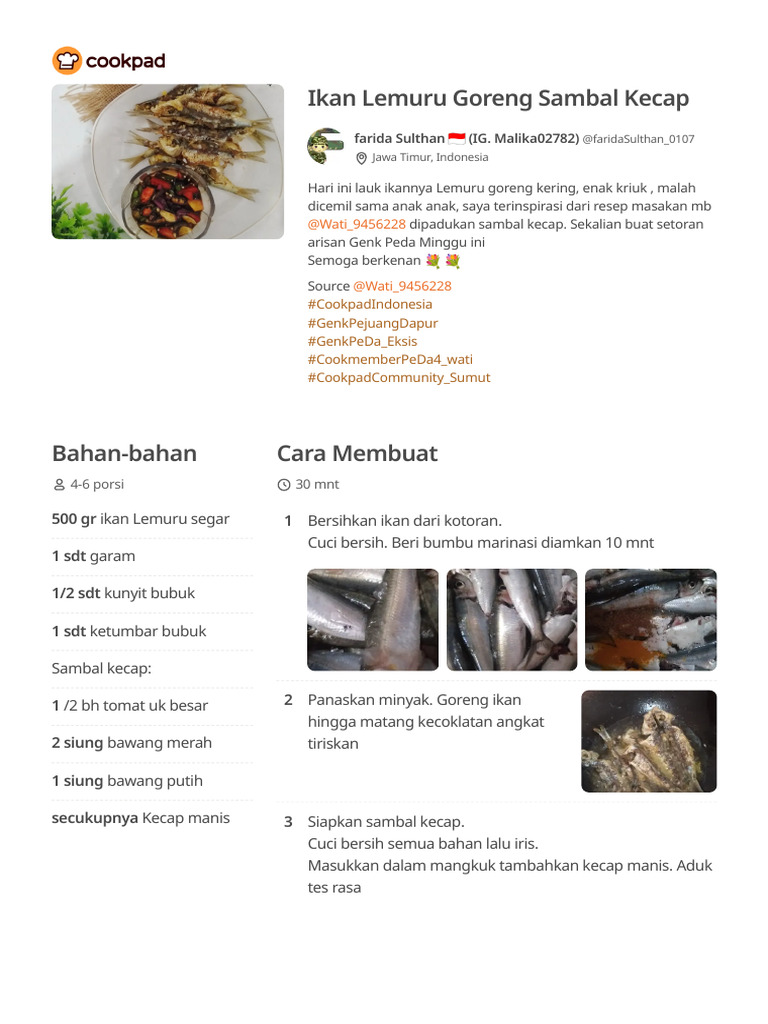 Resep Ikan Lemuru Goreng Sambal Kecap Oleh Farida Sulthan ?? (IG. Malika02782) - Cookpad | PDF