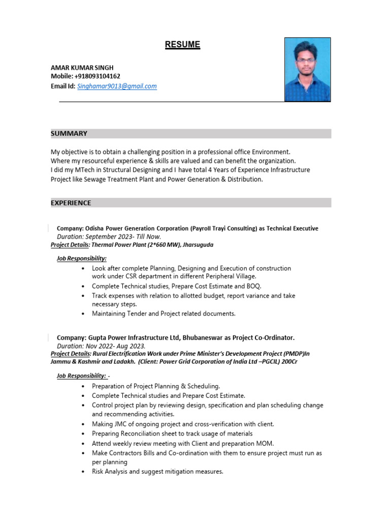 Amar Kumar Singh Resume Civil | PDF