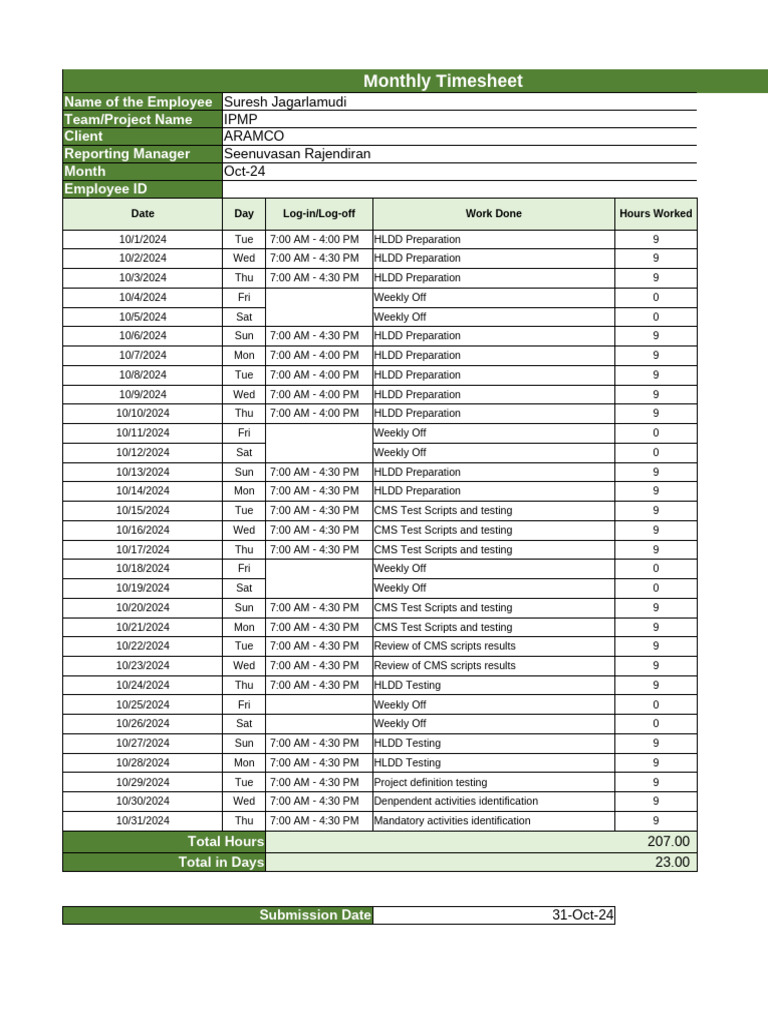 October 2024 Employee Timesheet | PDF