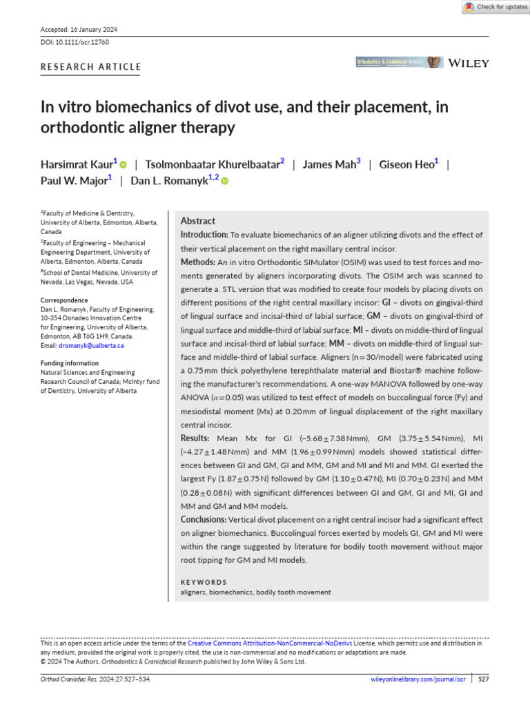Orthod Craniofacial Res - 2024 - Kaur - in Vitro Biomechanics of Divot ...
