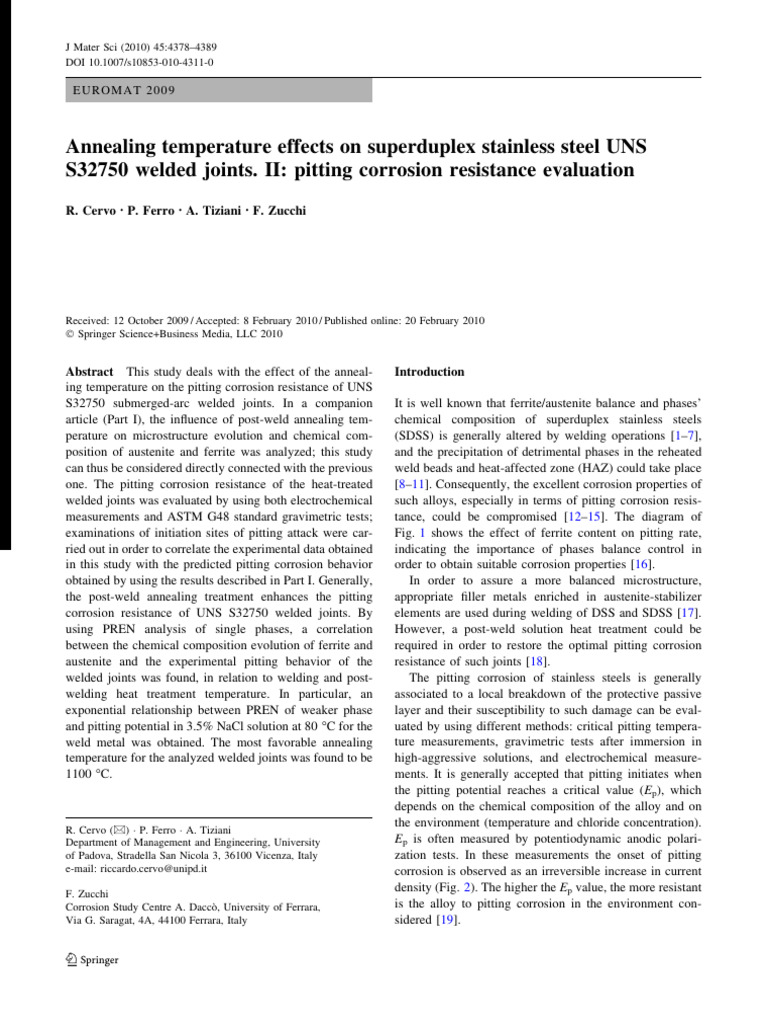 AnnealingTemperatureEffectsOn Superduplex Welded Joints. Pitting Corrosion Resistance Evaluation ...
