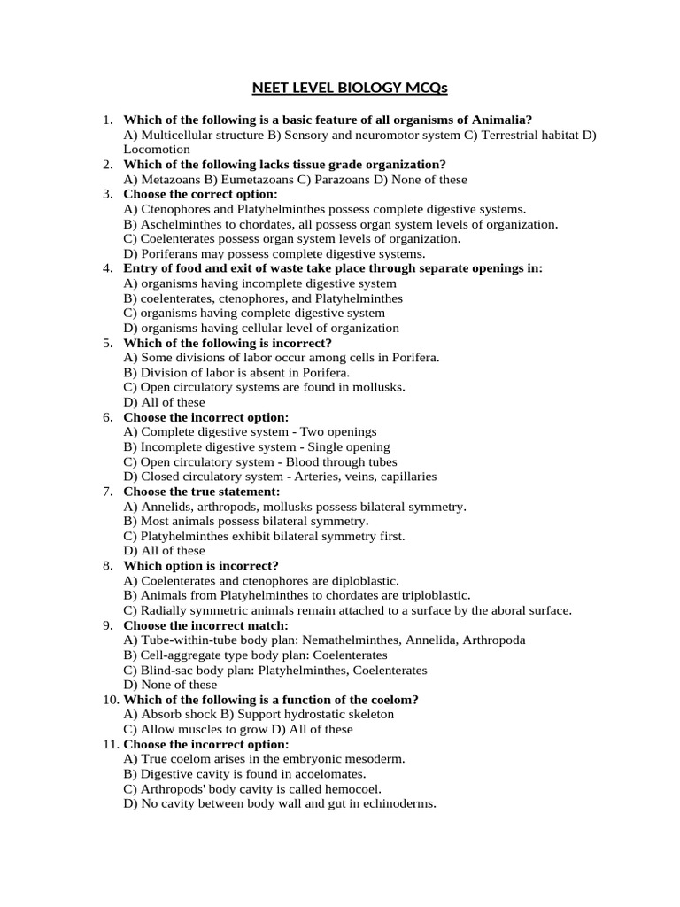 Biology NEET MCQs Part 3 | PDF | Sponge | Biology
