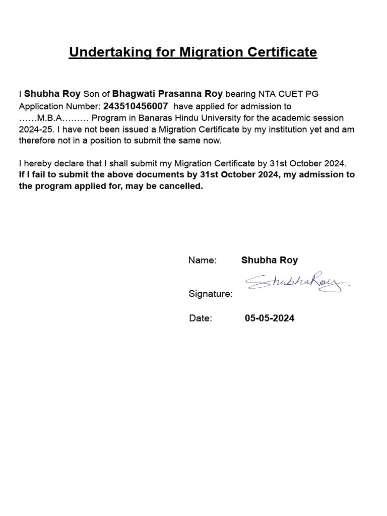 BHU Migration Certificate Undertaking | PDF