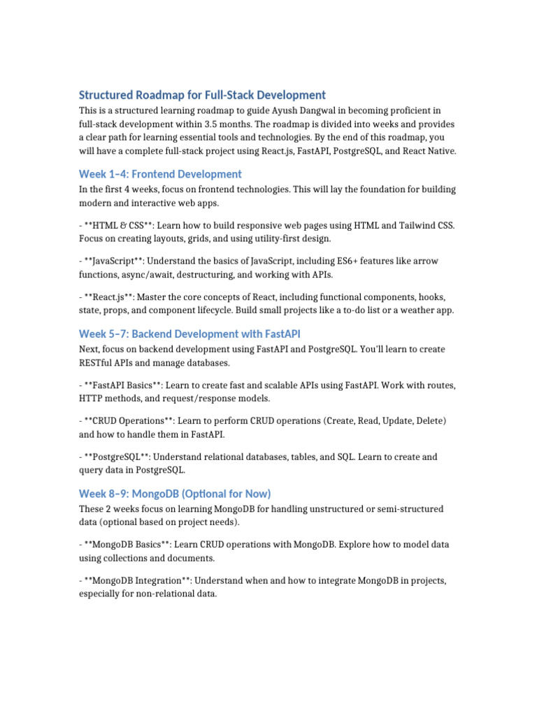 Full Stack Roadmap Structured Plan | PDF | Mobile App | Postgre Sql