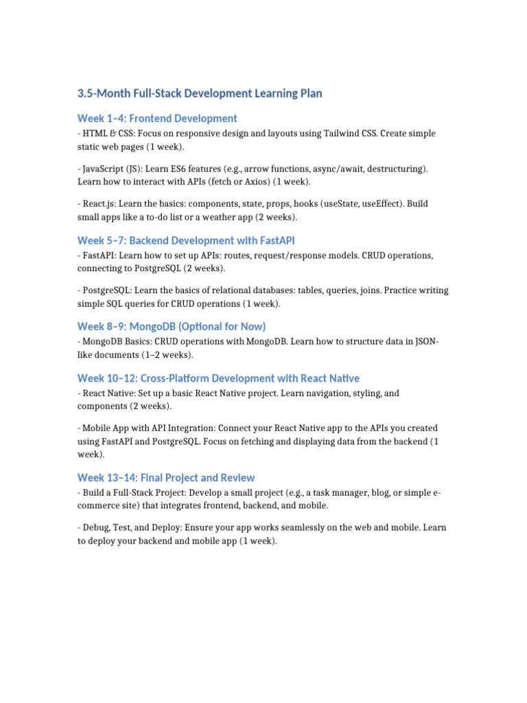 3.5-Month Full-Stack Developer Plan | PDF
