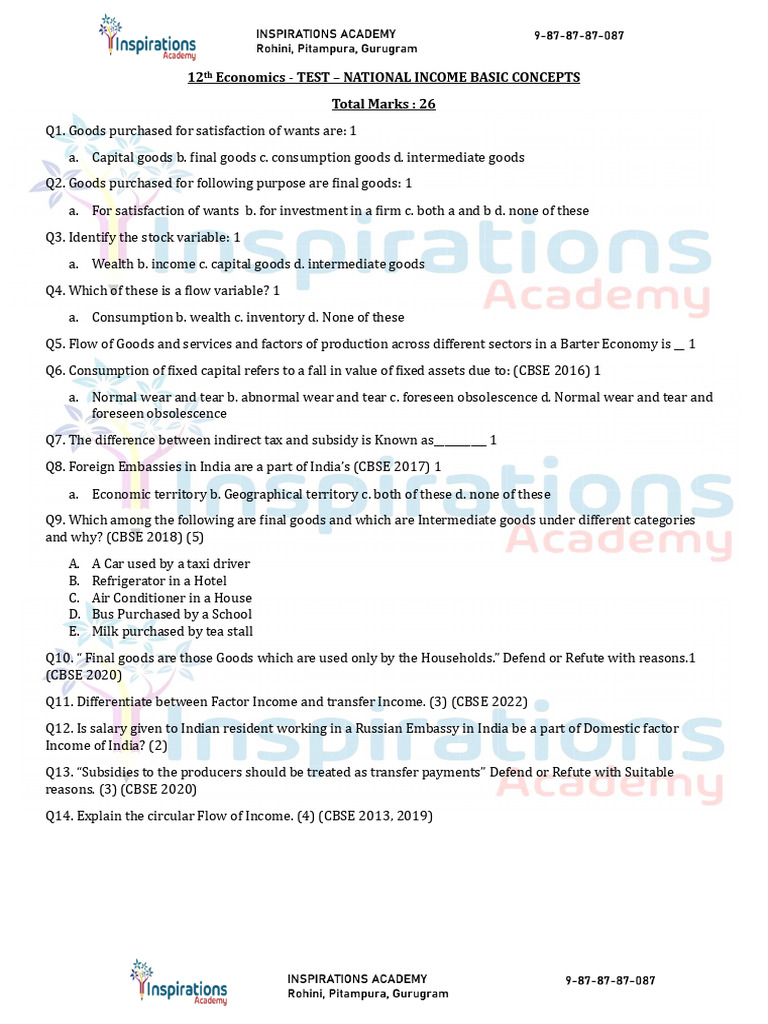 National Income Concepts for Class 12 | PDF