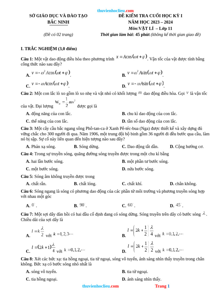 De Thi HK1 Vat Li 11 So GD BAC NINH Nam 23 24 | PDF