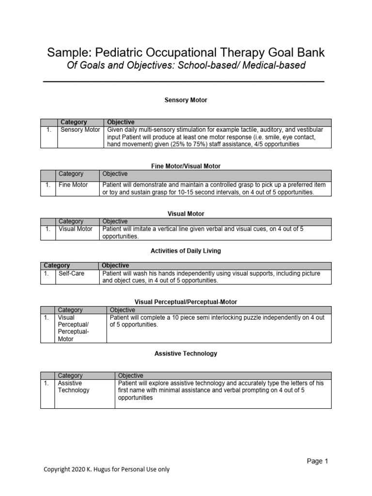 Sample: Pediatric Occupational Therapy Goal Bank | PDF