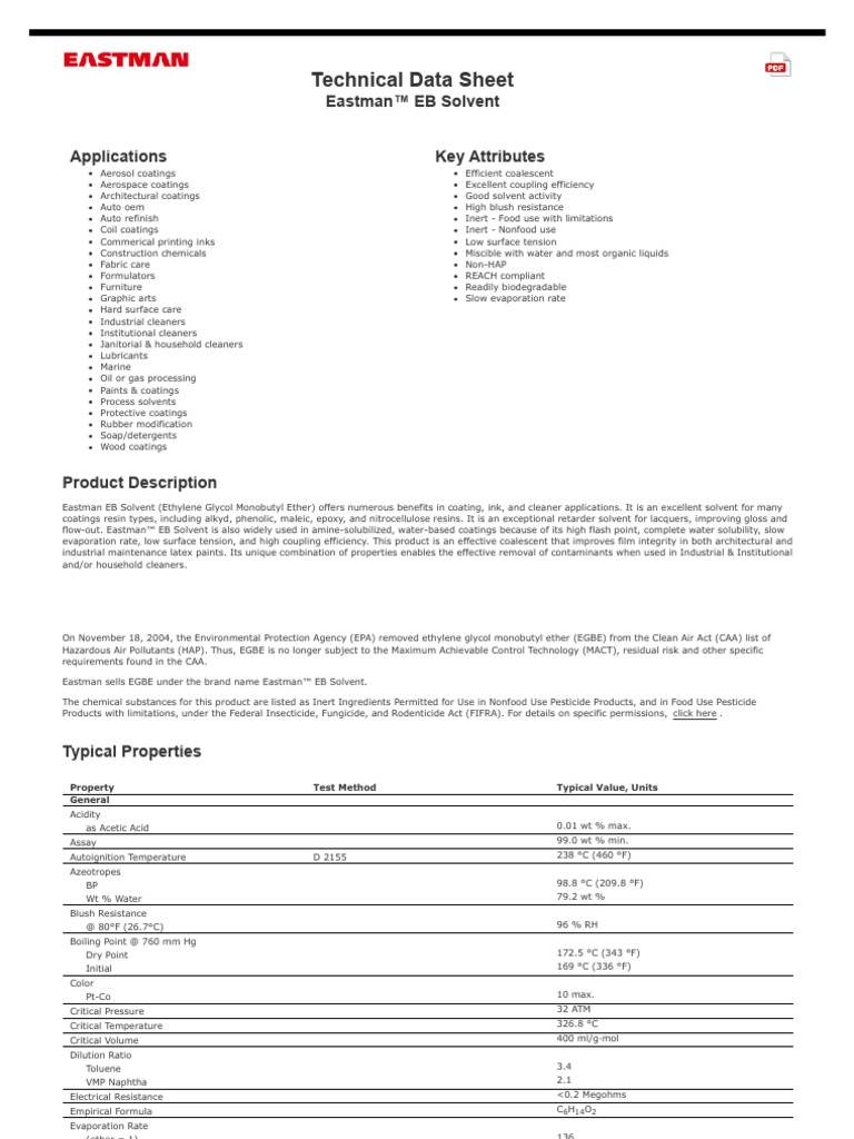 Eastman™ EB Solvent - TDS - Eastman Chemical Company | PDF | Paint ...