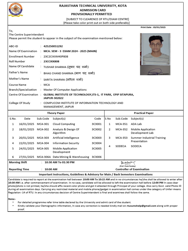 MCA Sem 3 Exam Admit Card 2025 | PDF | Computing