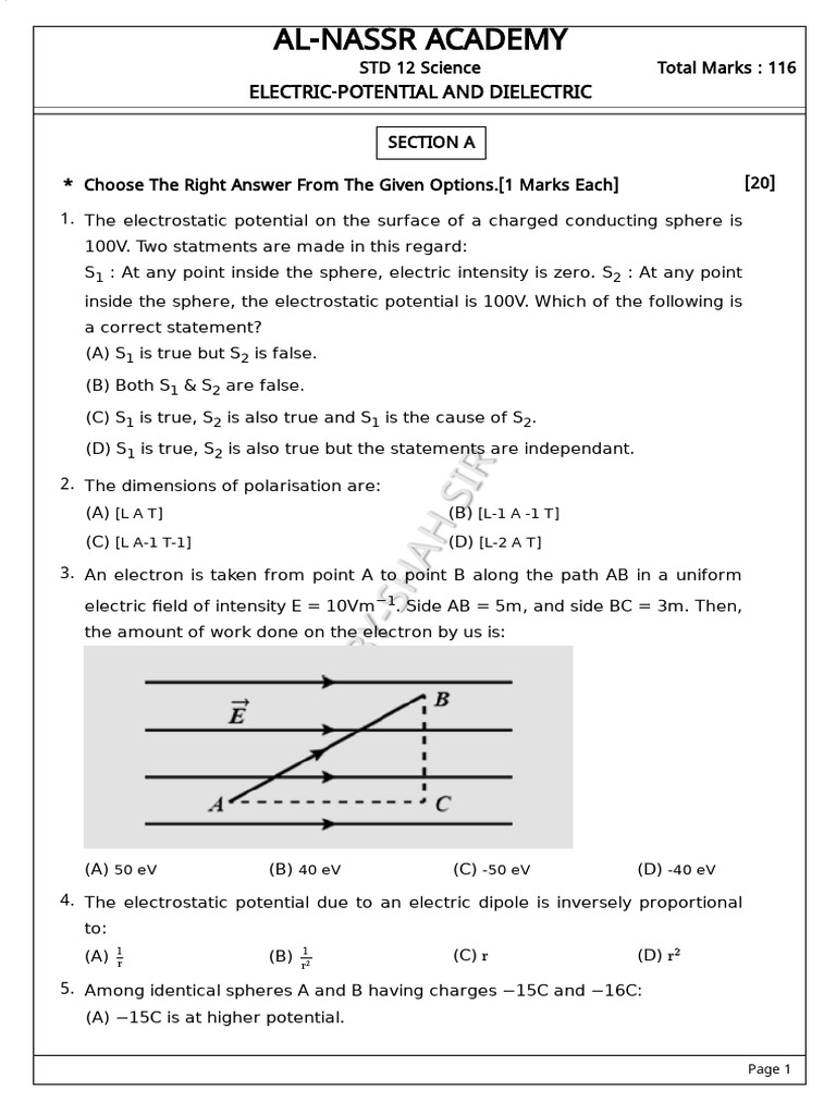 Electric Potential and Dielectric MCQs for Class 12 | PDF | Capacitor ...