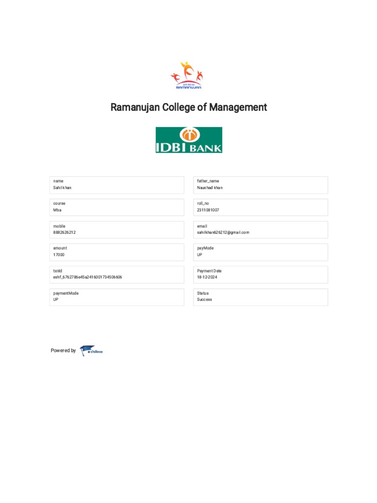 Ramanujan College of Management: Sahil Khan Naushad Khan Name Father - Name | PDF