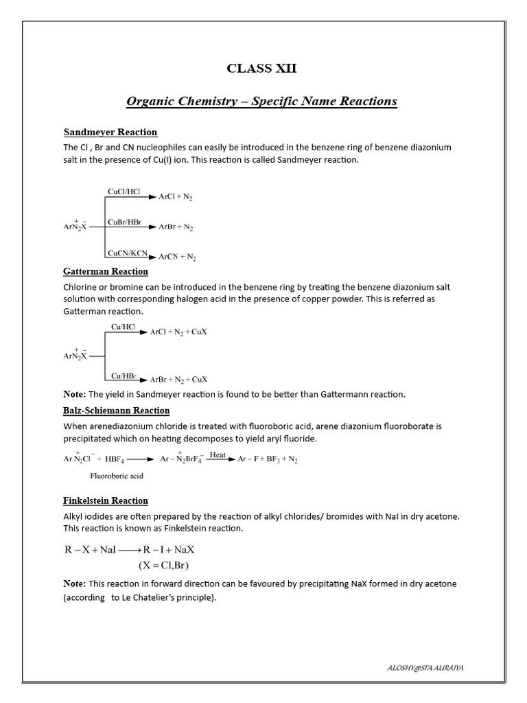 Class Xii Name Reactions | PDF | Amine | Aldehyde