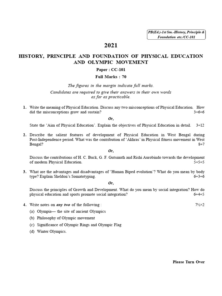 Question Paper - CC-101 - Foundation & History of PE & Olympic | PDF ...