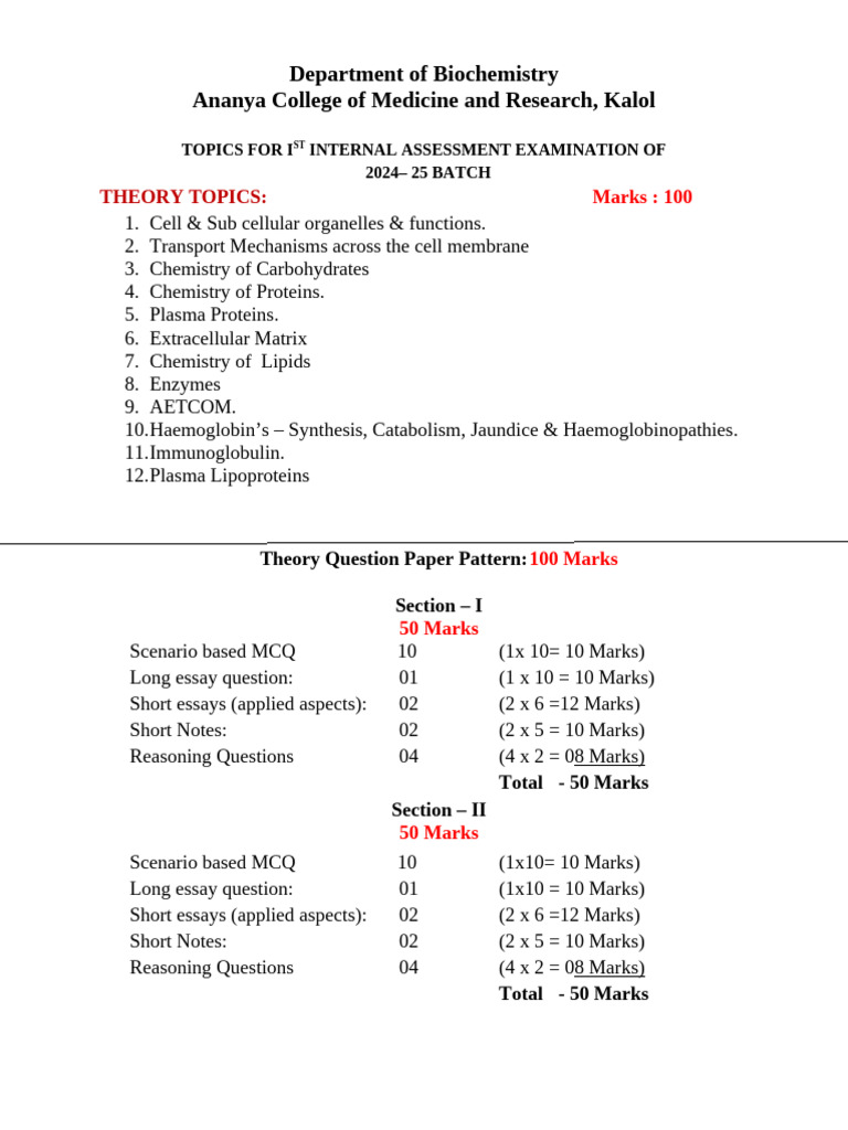 1st IA Topics & QP Pattern 2024-25 BATCH | PDF | Cell (Biology) | Blood Plasma