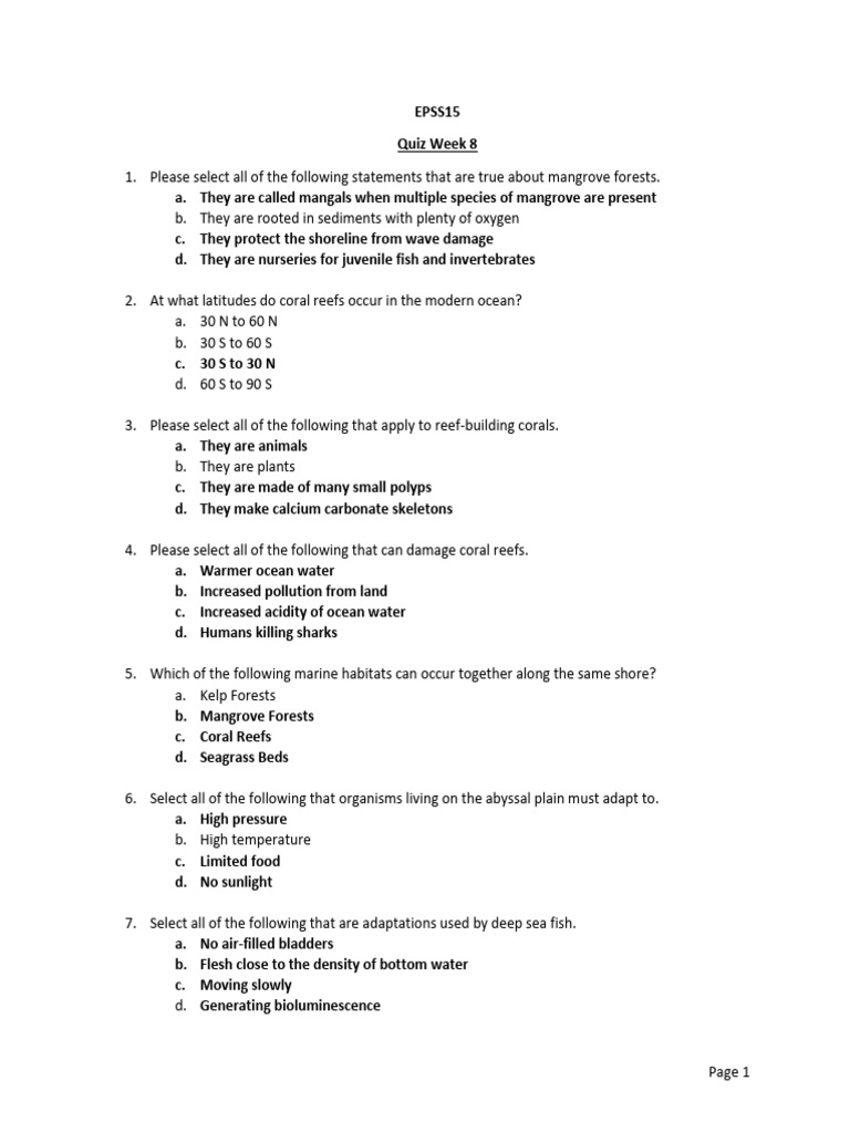 Eps Sci 15 Quiz Key | PDF | Coral Reef | Oceans