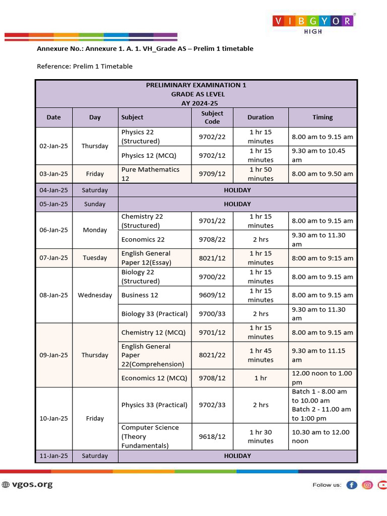 Annexure 1. A. 1. VH - Grade As - Prelim 1 Timetable | PDF | Science