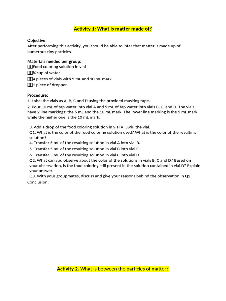 Particle Nature of Matter Activity | PDF | Syringe | Teaspoon